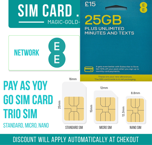 EE SIM CARD - MICRO STANDARD NANO TRIPLE SIZE 25GB OF DATA UNLIMITED ...