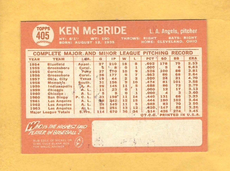 1964 topps SEMI-HIGH # 405 KEN McBRIDE angels rhp ex minus | eBay
