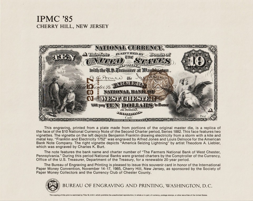 USA BEP SOUVENIR CARD B084 B84 1985 IPMC CHERRY HILL NJ $10 NATIONAL ...