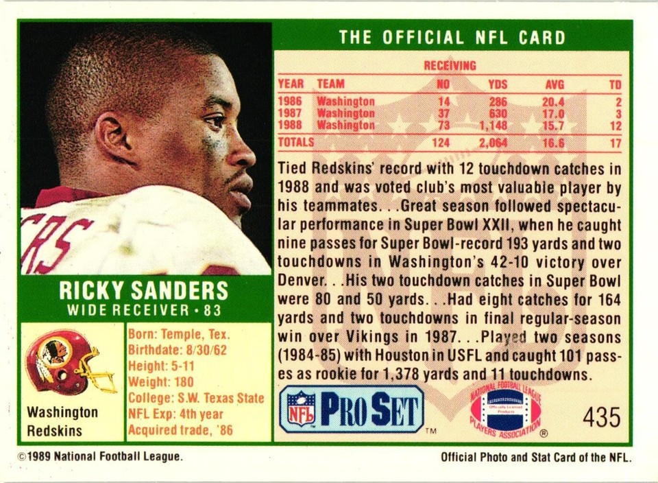 1989 PRO SET RICKY SANDERS #435 CARD $0.99 VALUE BOX | eBay