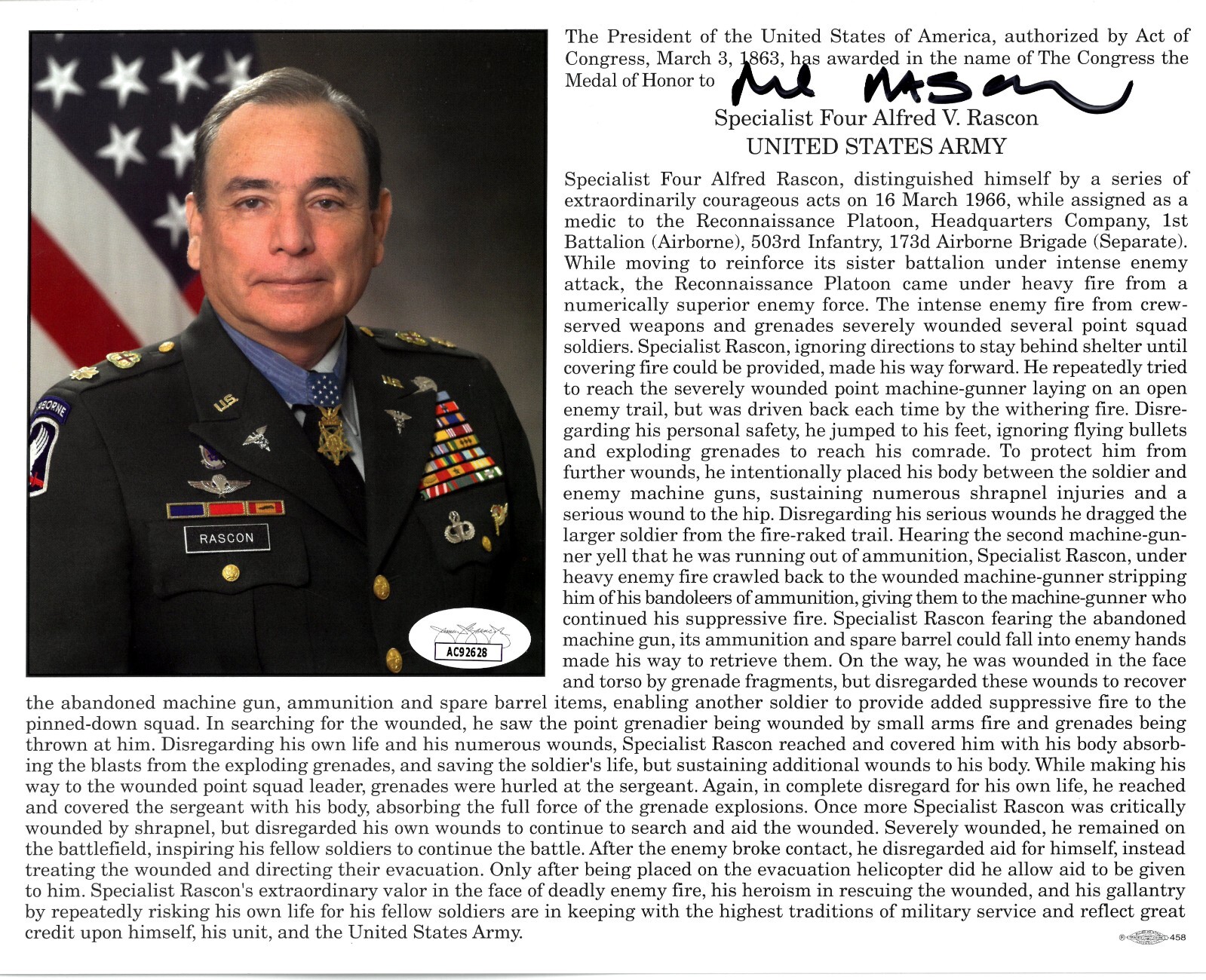 Alfred Rascon signed Vietnam War Medal of Honor 8x10 Photo- JSA # ...