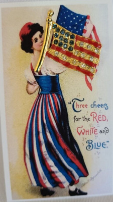 THREE CHEERS FOR RED,WHITE,BLUE Vintage Rep art with Flag pin ...