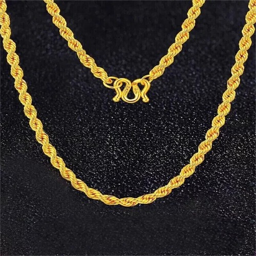 Pure 24K Yellow Gold 999 Men Women Rope Chain Link Necklace 45cm/17.7 ...