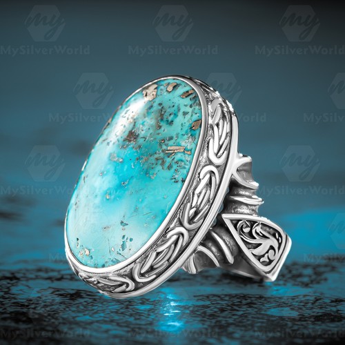 925 Sterling Silver Oval Original Turquoise Stone Handmade Men's Ring ...
