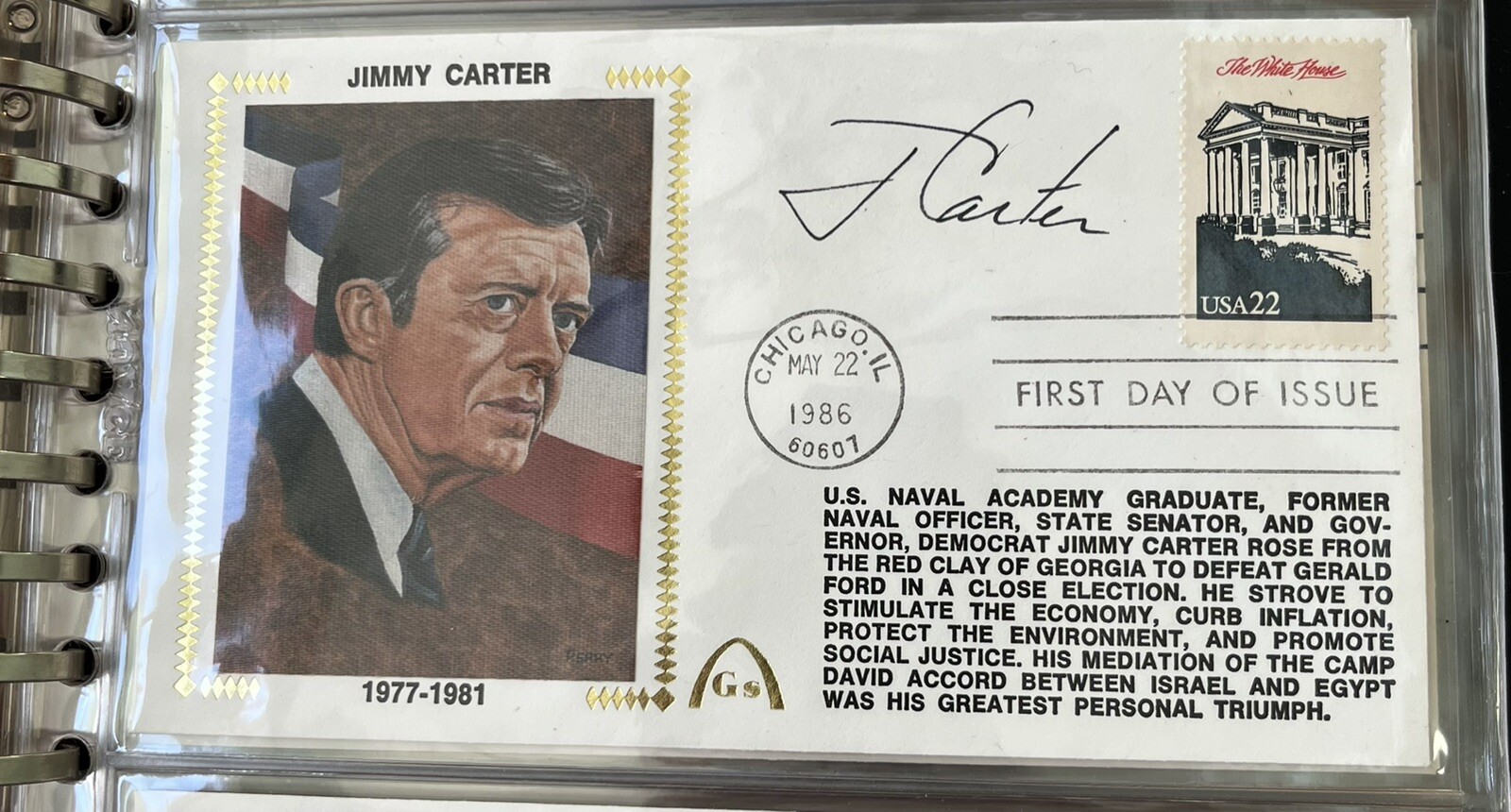 1986 Jimmy Carter Autographed Gateway Stamp Cachet FDC “FIRST DAY OF ...