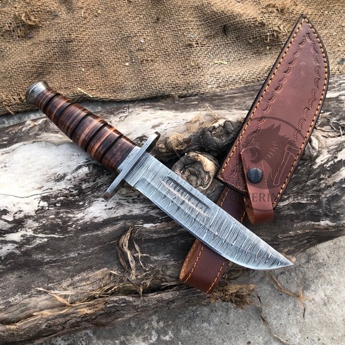 KaBar Knife Custom Made Damascus Survival Hunting Fixed Blade - KaBar ...