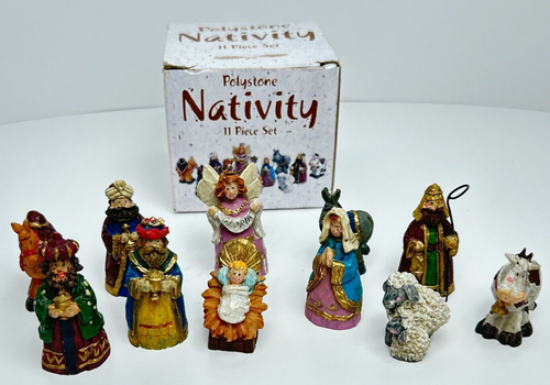Miniature Nativity Set Folk Art Primitive Complete 11 Piece Polystone ...