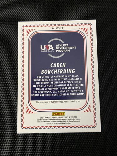 CADEN BORCHERDING 2024 Panini Stars & Stripes 13U/14U TEAM ICE RED AUTO ...