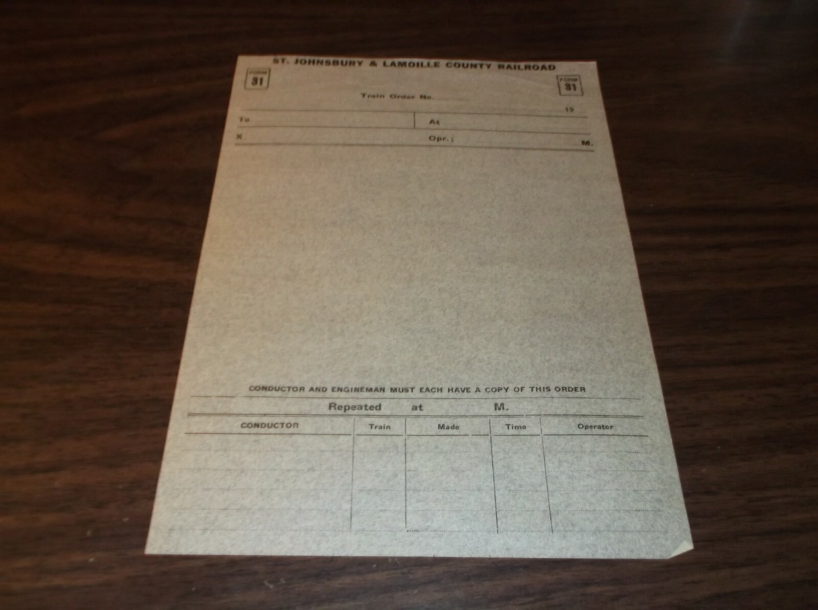ST. JOHNSBURY & LAMOILLE COUNTY RAILROAD UNUSED FORM 31 TRAIN ORDER | eBay