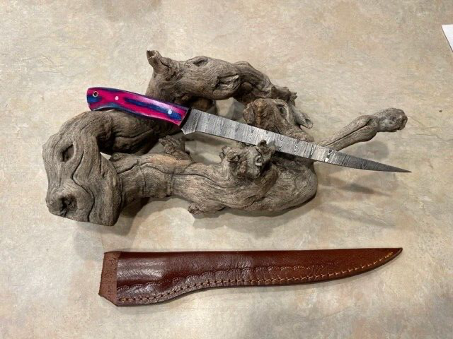 Custom Made 9" Damascus Steel Fillet Fishing Knife & sheath laminate ...