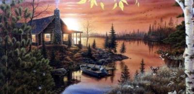 Mark Daehlin Autumn Evening Cabin Lake Deer Art Print 24 x 8.5 | eBay
