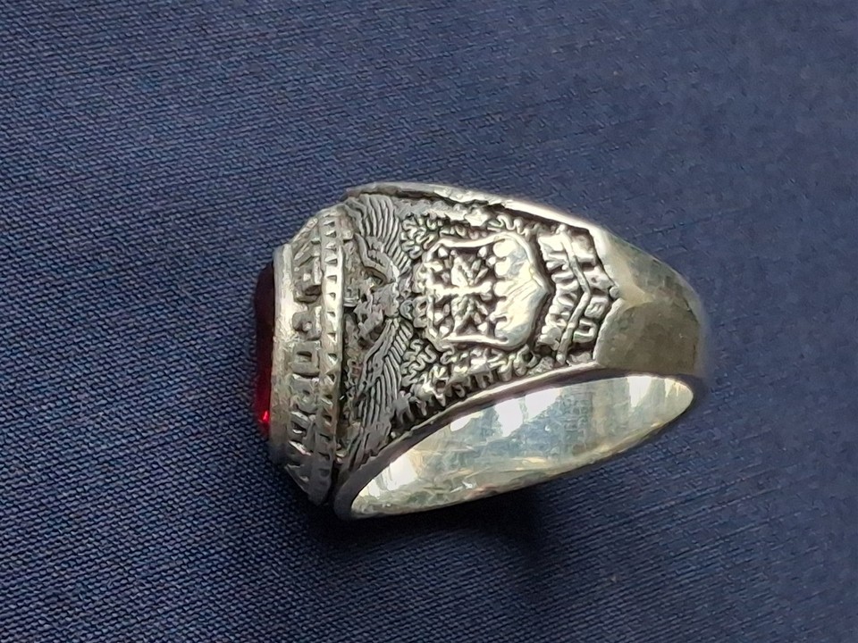 US MARINES VIETNAM WAR WHITE METAL RING - RUBY RED GLASS OR STONE INLAY ...