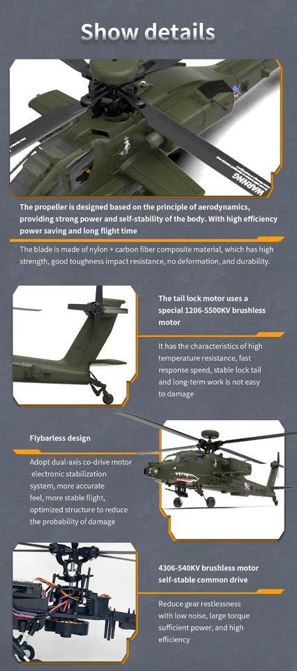 RC HELICOPTER 4 Blade APACHE AH-64 W/ Gyro Stabilization 6CH 2.4ghz ...