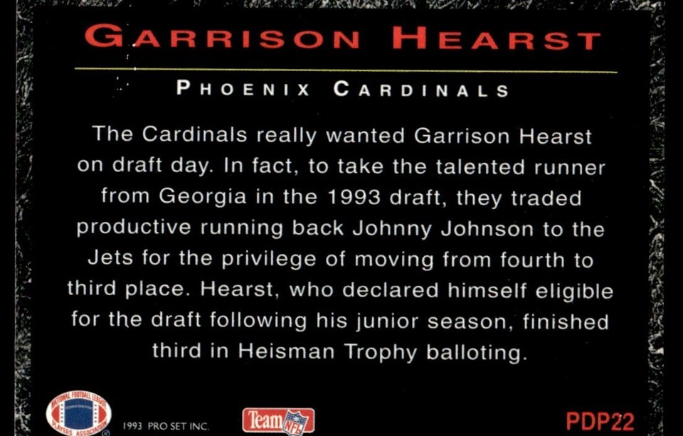 1993 Pro Set Power Draft Picks Garrison Hearst Rookie Phoenix Cardinals ...