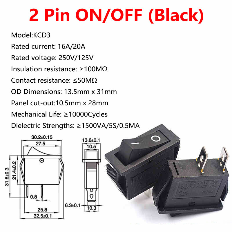 KCD3 Rocker Switch 2/3 Pin 2 Position Rectangular Rocker Switch On-Off ...