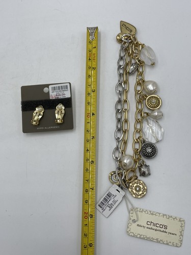 Chico's 30th Anniv "Amelia" Charm Bracelet Clip Earrings Faux Pearl ...