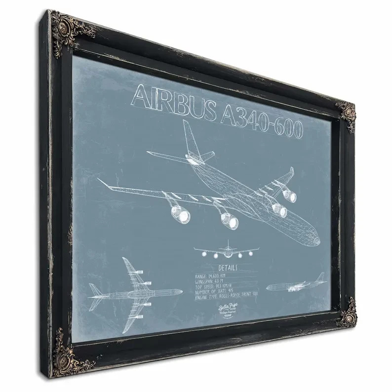 Airbus A340-600 Aircraft Blueprint Wall Art - Original Aviation Plane ...
