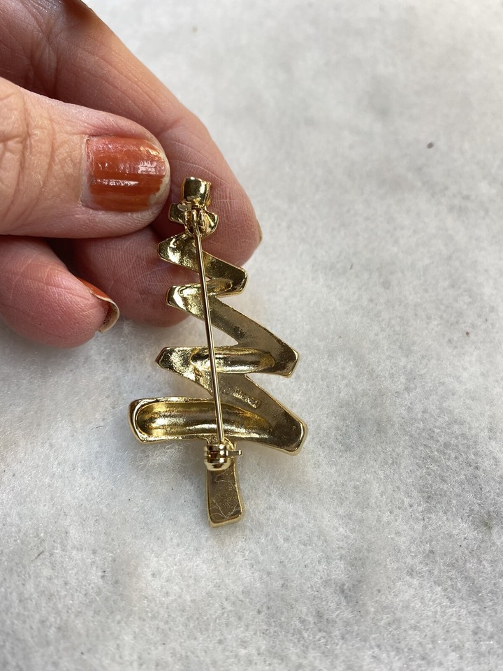 Vintage MONET Christmas Tree Zig Zag Brooch Gold Tone Pin Clear ...