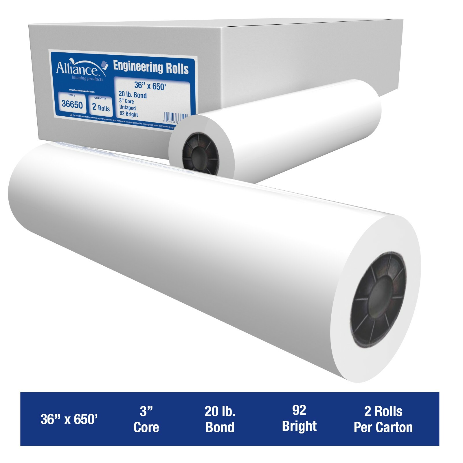 Alliance Wide Format Paper Rolls Bond Engineering 36" x 650' x 3", 20lb ...