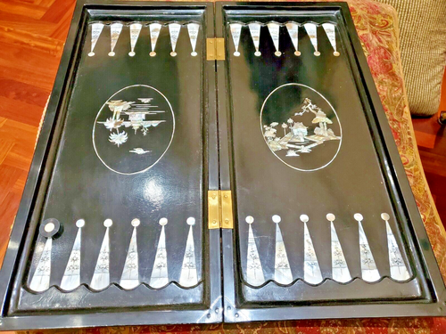 ANTIQUE Handmade Games BOARD Chess & Backgammon Inlaid Mother of Pearl ...