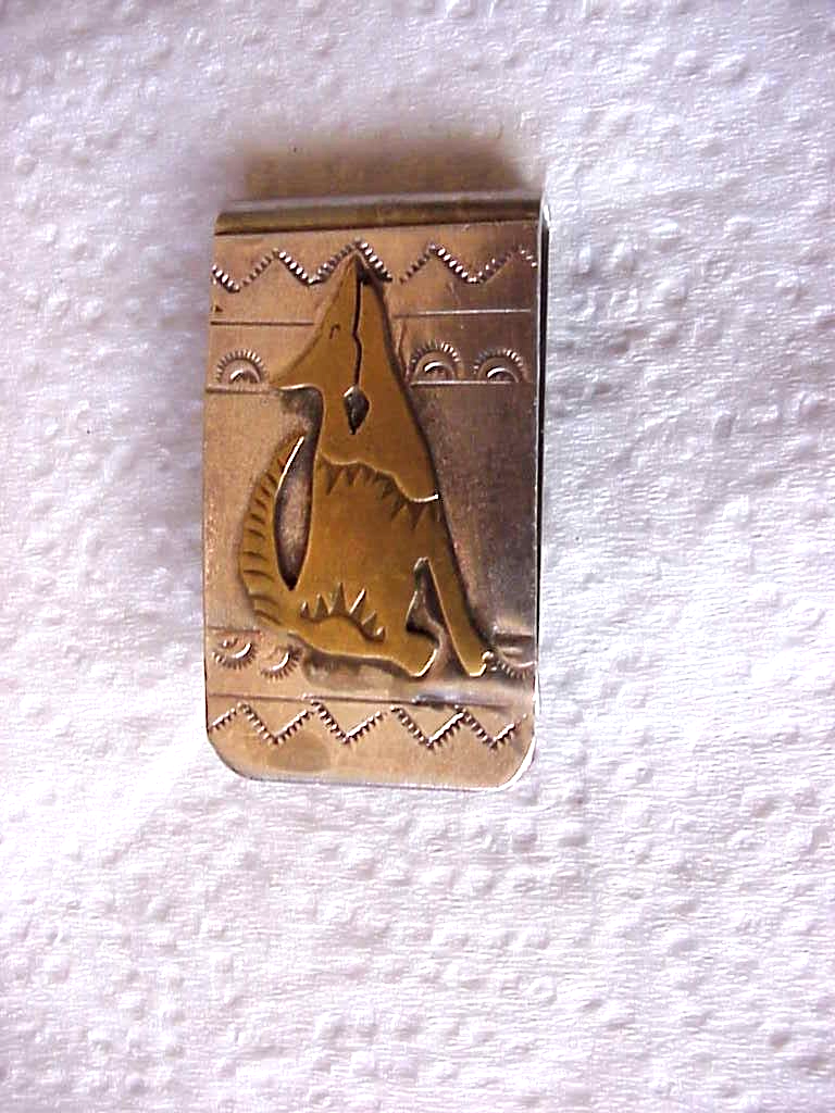 VINTAGE STERLING SILVER 1/20/12KGF-HOWLING WOLF MONEY CLIP, SIGNED RO ...