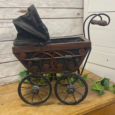 Vtg salesman sample baby doll carriage wood canvas metal wicker wagon ...
