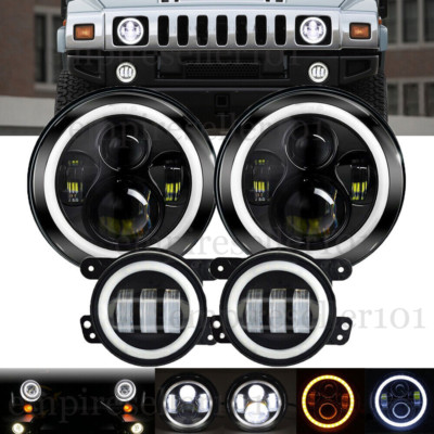 For Hummer H1 02-06 7" INCH Halo LED Headlight DRL & 4" Fog Lights ...