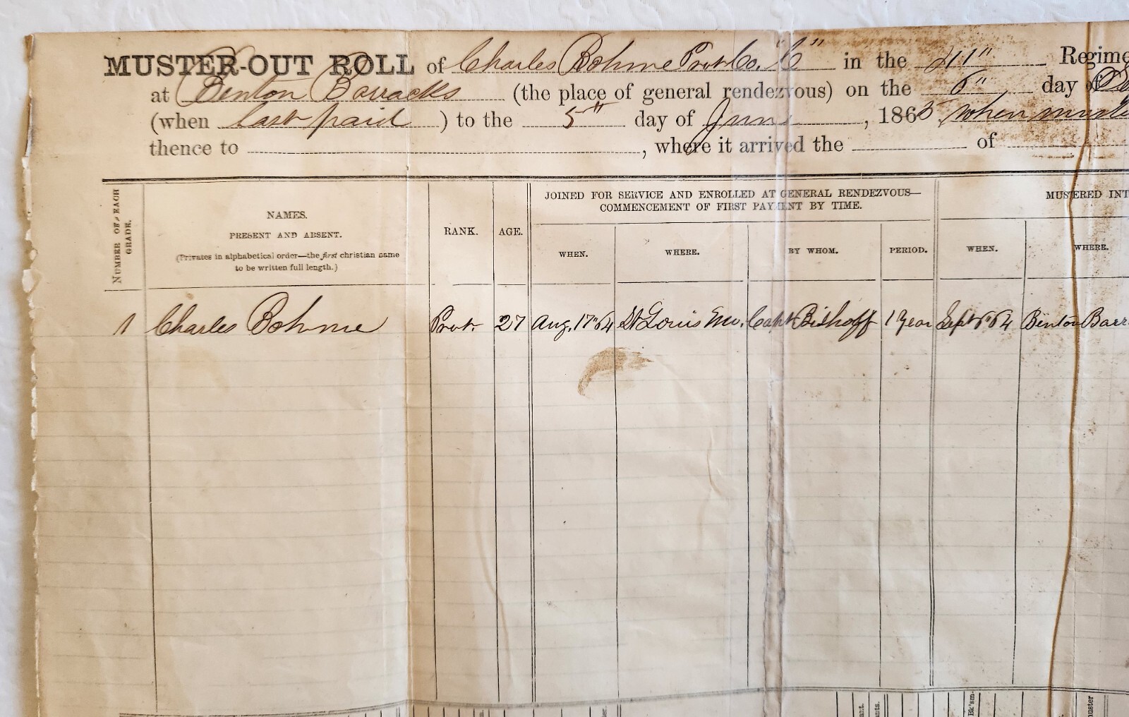 1865 Civil War muster roll 41st Missouri Volunteers, soldier, history ...