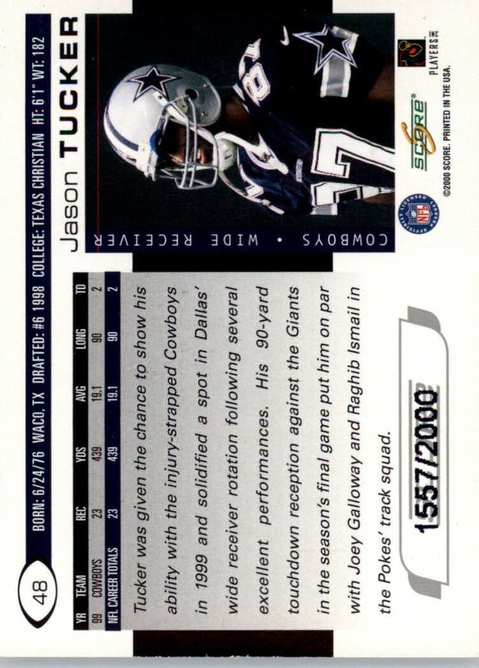 2000 Score Football ScoreCard /2000 #48 Jason Tucker - Dallas Cowboys ...