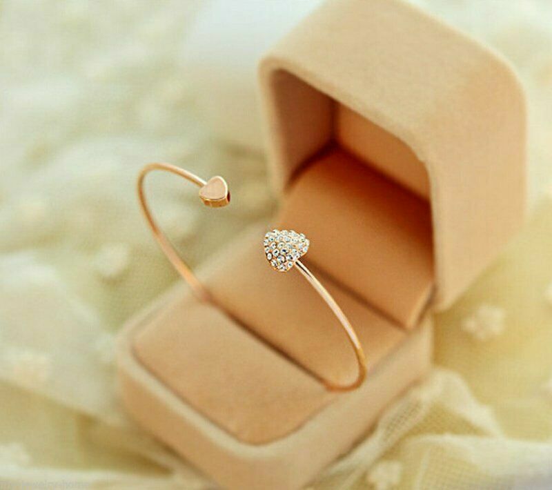 Women Fashion Bracelet Love Heart Gold Rhinestone Crystal Bangle Cuff ...