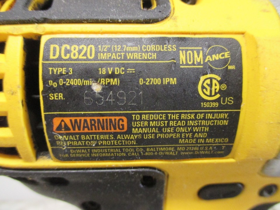 DeWALT 18V Volt DC820 (DC822) 1/2" Cordless IMPACT WRENCH *** Tested ...