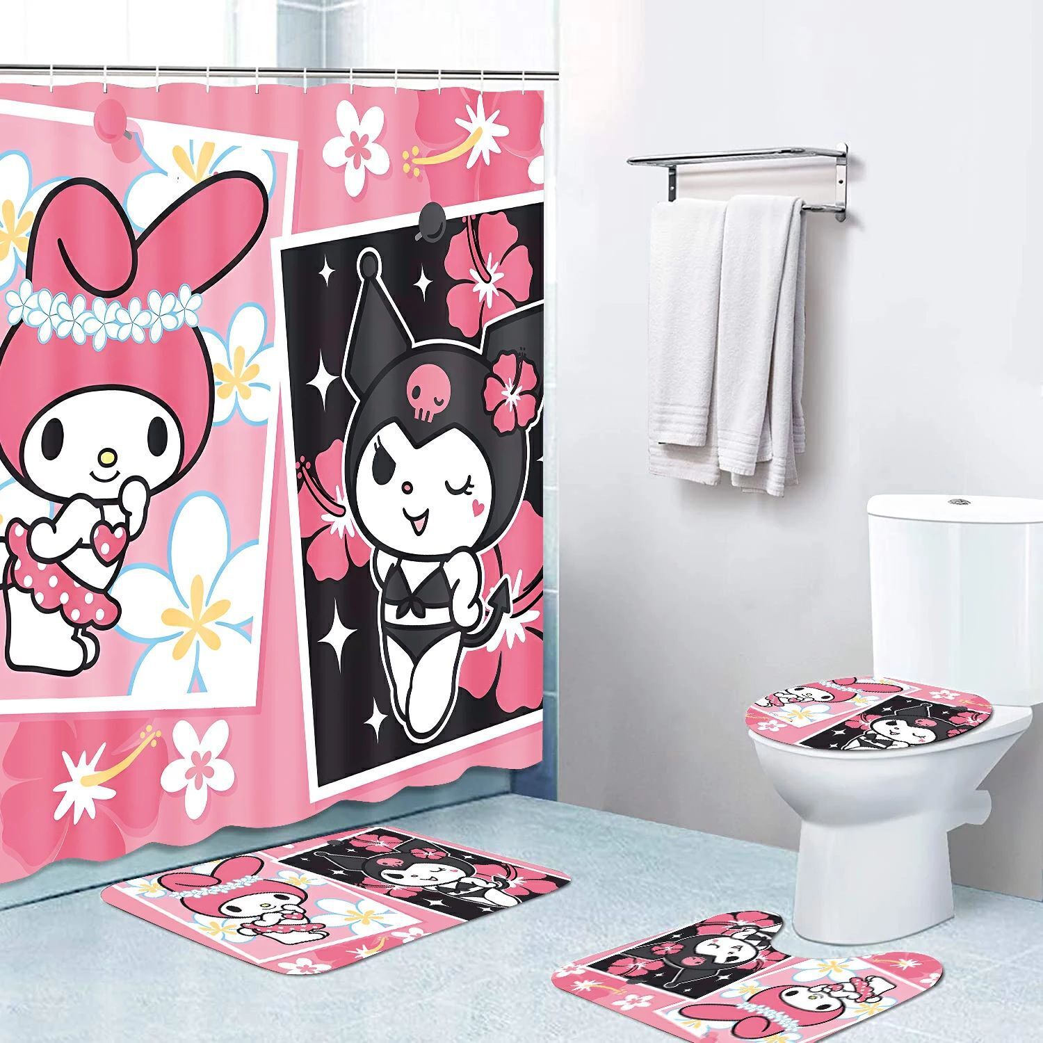 Kuromi Bathroom Set Shower Curtain Non-Slip Bath Mat Toilet Lid Cover ...