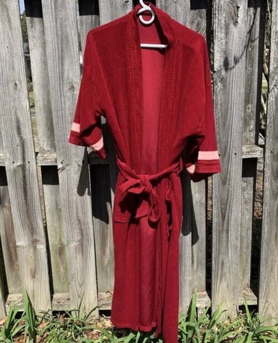 Vintage Luxurobe Bath Robe Men Velour Maroon Single Stitch Pockets Belt ...