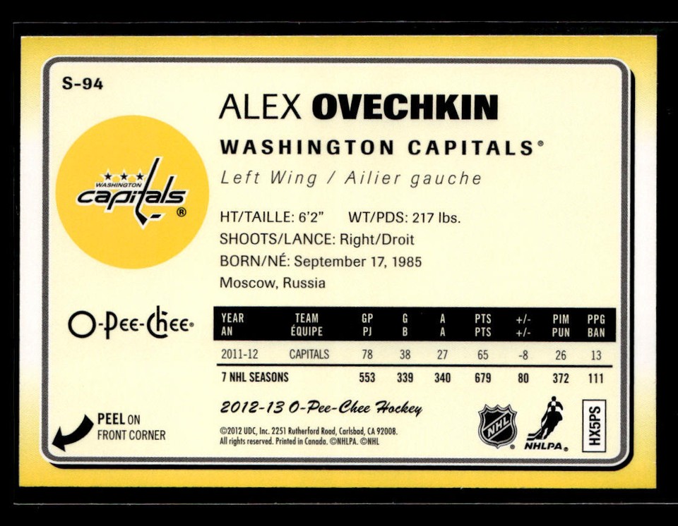 2012-13 O-Pee-Chee Stickers #S94 Alexander Ovechkin | eBay