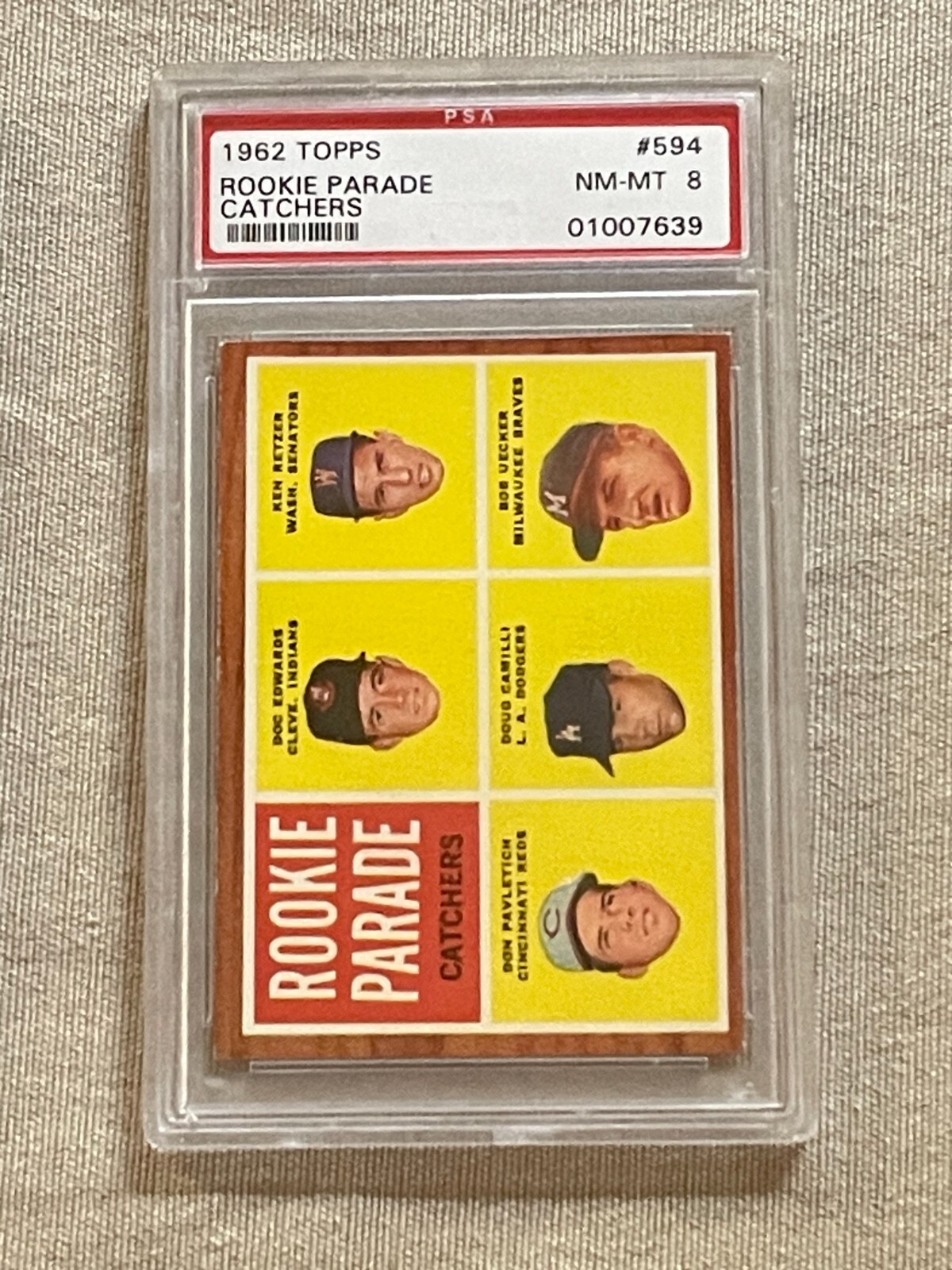 1962 Topps #594 Bob Uecker Rookie Parade Catchers PSA 8 Milwaukee ...