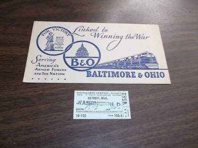 MAY 1943 BALTIMORE & OHIO DETROIT WASHINGTON PULLMAN TICKET AND TICKET ...