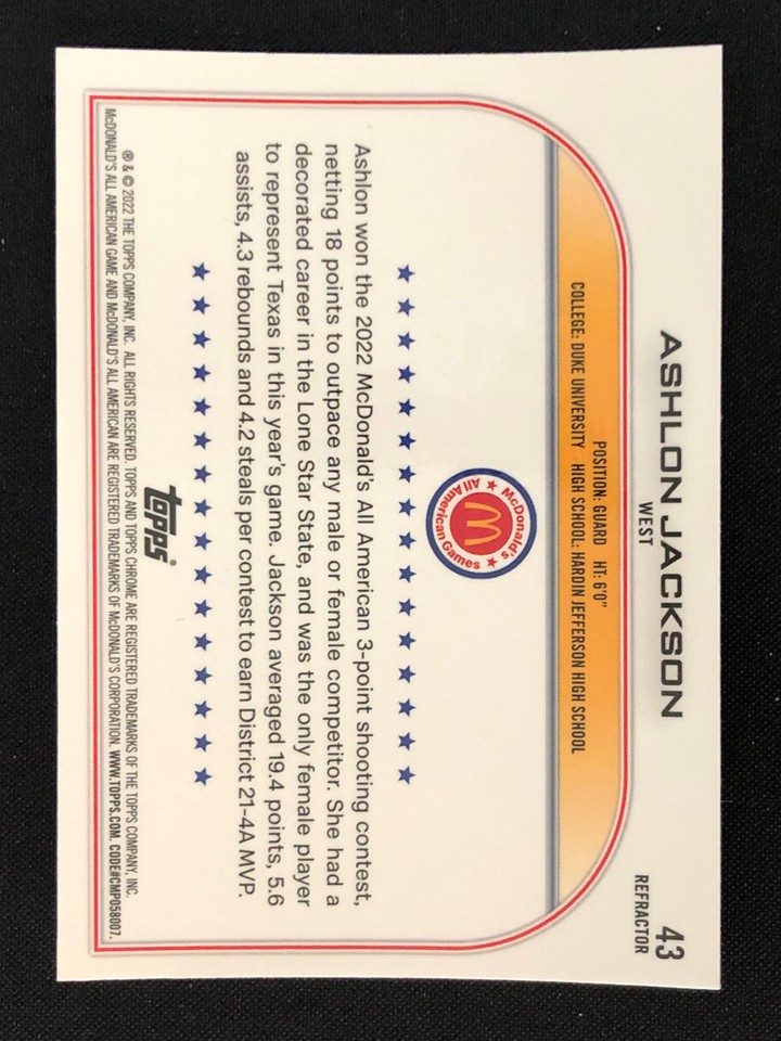 2022 Topps Chrome McDonald's Ashlon Jackson Refractor Card #43 | eBay