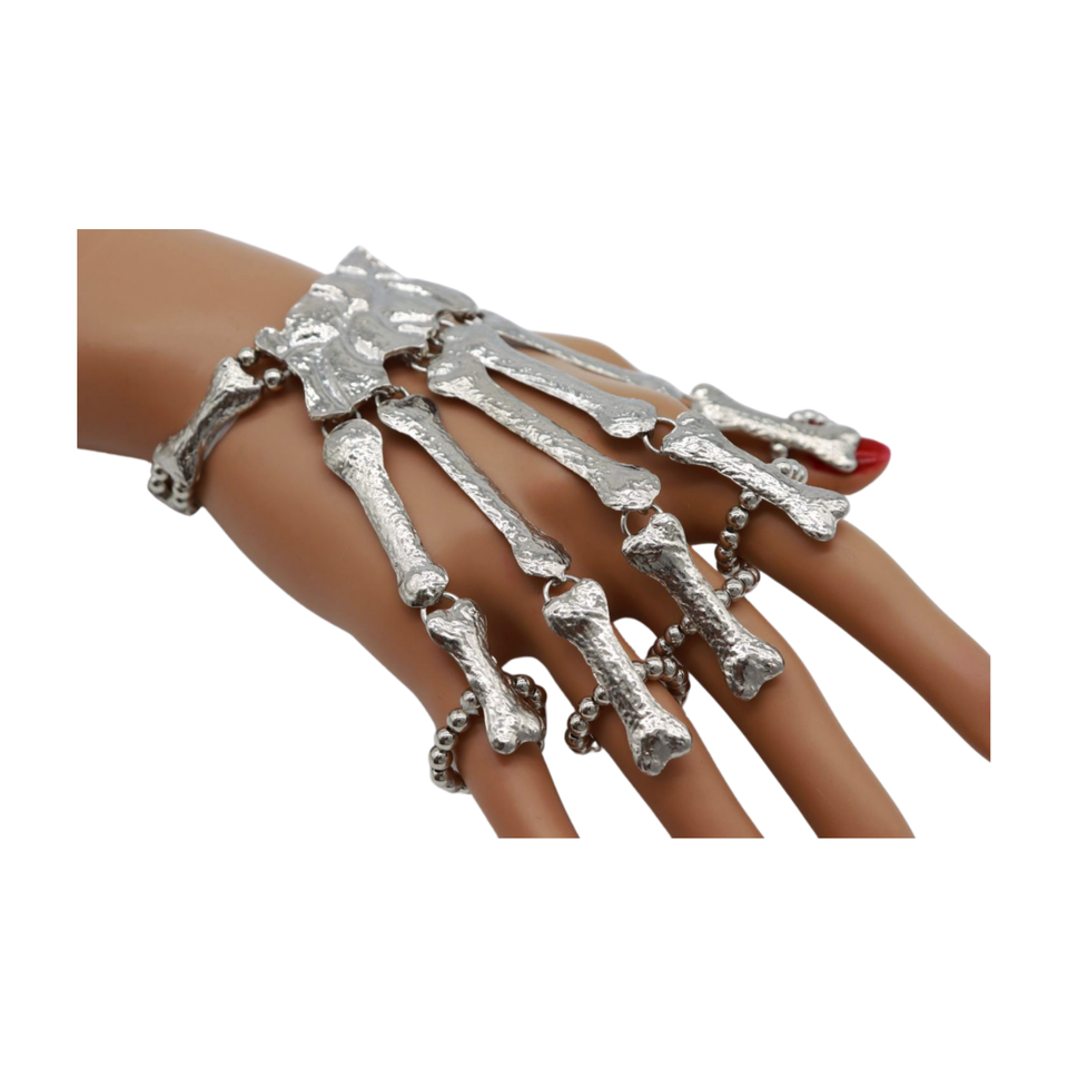 Women Silver Metal Hand Chain Bracelet 5 Long Finger Skeleton Ring Fun ...