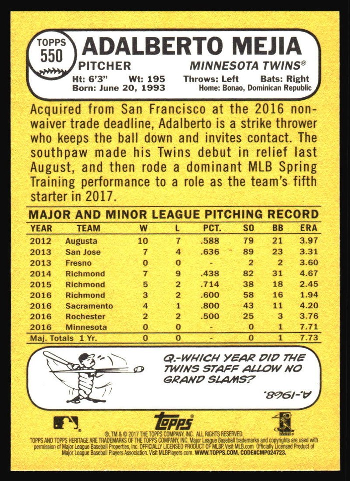 2017 Topps Heritage Adalberto Mejia Rookie #550 Minnesota Twins | eBay