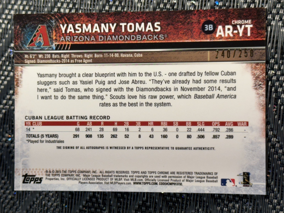 2015 Topps Chrome PURPLE REFRACTOR ROOKIE AUTO Yasmany Tomas 240/250 | eBay