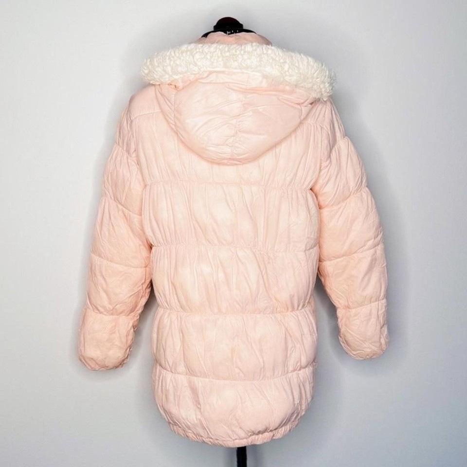 Pink puffer coat with Sherpa lined hood, zipper and button closure ...