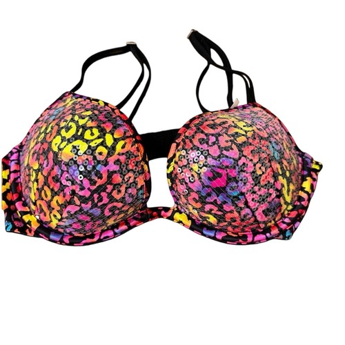 Pink Victoria secret 34B push up plunge multi color, underwire sequins ...
