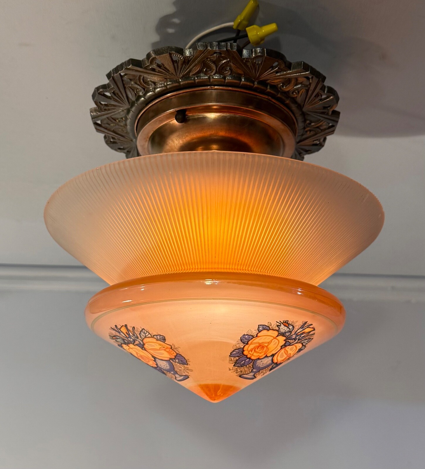 Antique vtg Art Deco 2 pieces of glass shade light fixture rewired | eBay