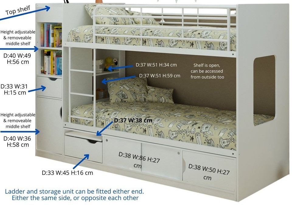 White Storage Bunk Bed - Single - Cupboards - Shelves - Drawers ...