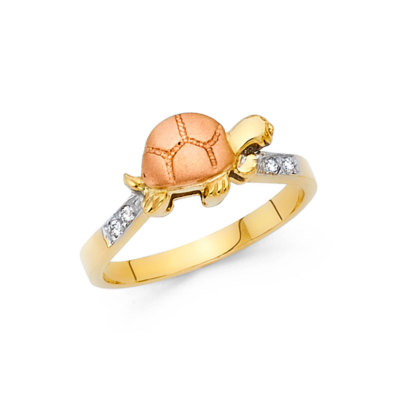 Womens 14k Yellow Rose Real Gold CZ Turtle Lucky Fashion Ring Band Size ...