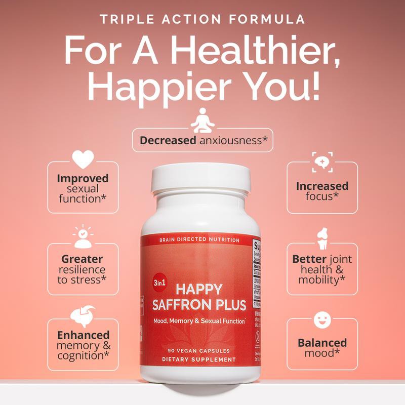 1-3X Happy Saffron Plus, 90 Vegan Capsules with Saffron Extract ...