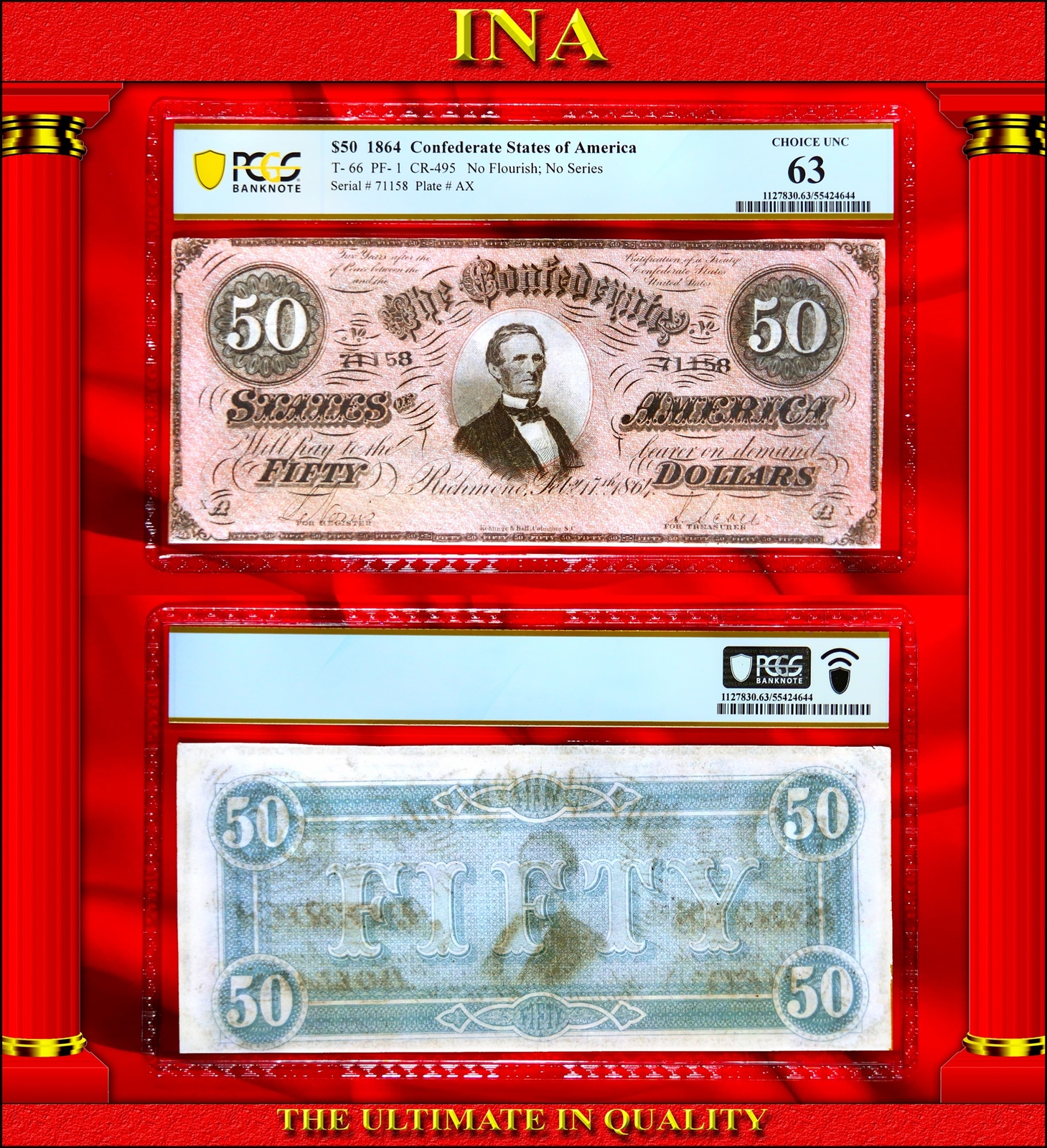 $50 1864 Confederate US Obsolete Paper Money T-66 PF-1 CR-495 Civil War ...