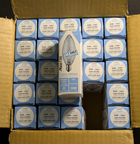 Abco 130V 25 Watt Torpedo Light Bulb Clear Candelabra Base 25B9.5 Box ...
