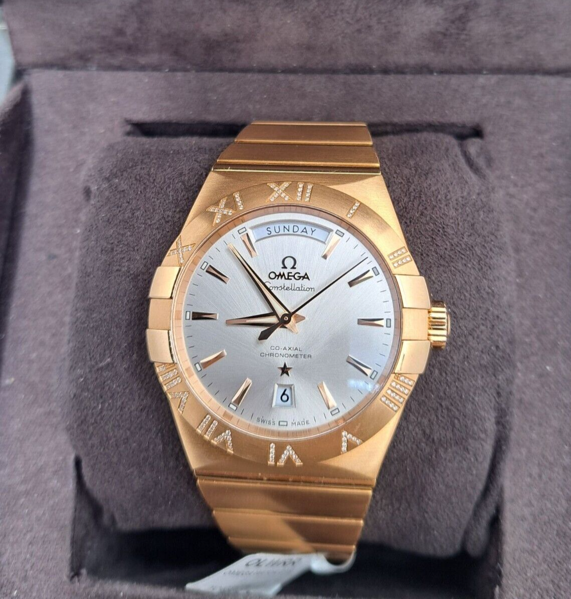 Omega Constellation W/ Date & Diamond Roman Numeral Bezel Watch 18KRG ...