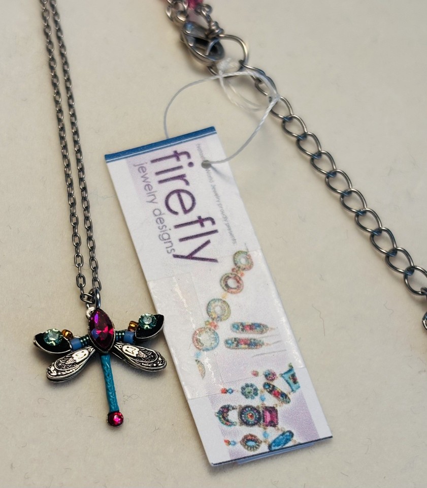 Petite Fuchsia Pink Dragonfly Crystal & Bead Accent FIREFLY Necklace ...